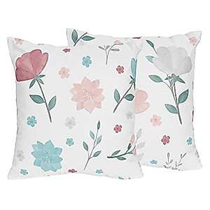 Sweet Jojo Designs Floral Rose Flowers Decorative Accent Throw Pillows - Set of 2 - Blush Pink Teal Turquoise Aqua Blue Grey Pop Flower Boho Shabby Chic Modern Colorful Watercolor Roses Leaf Daisy