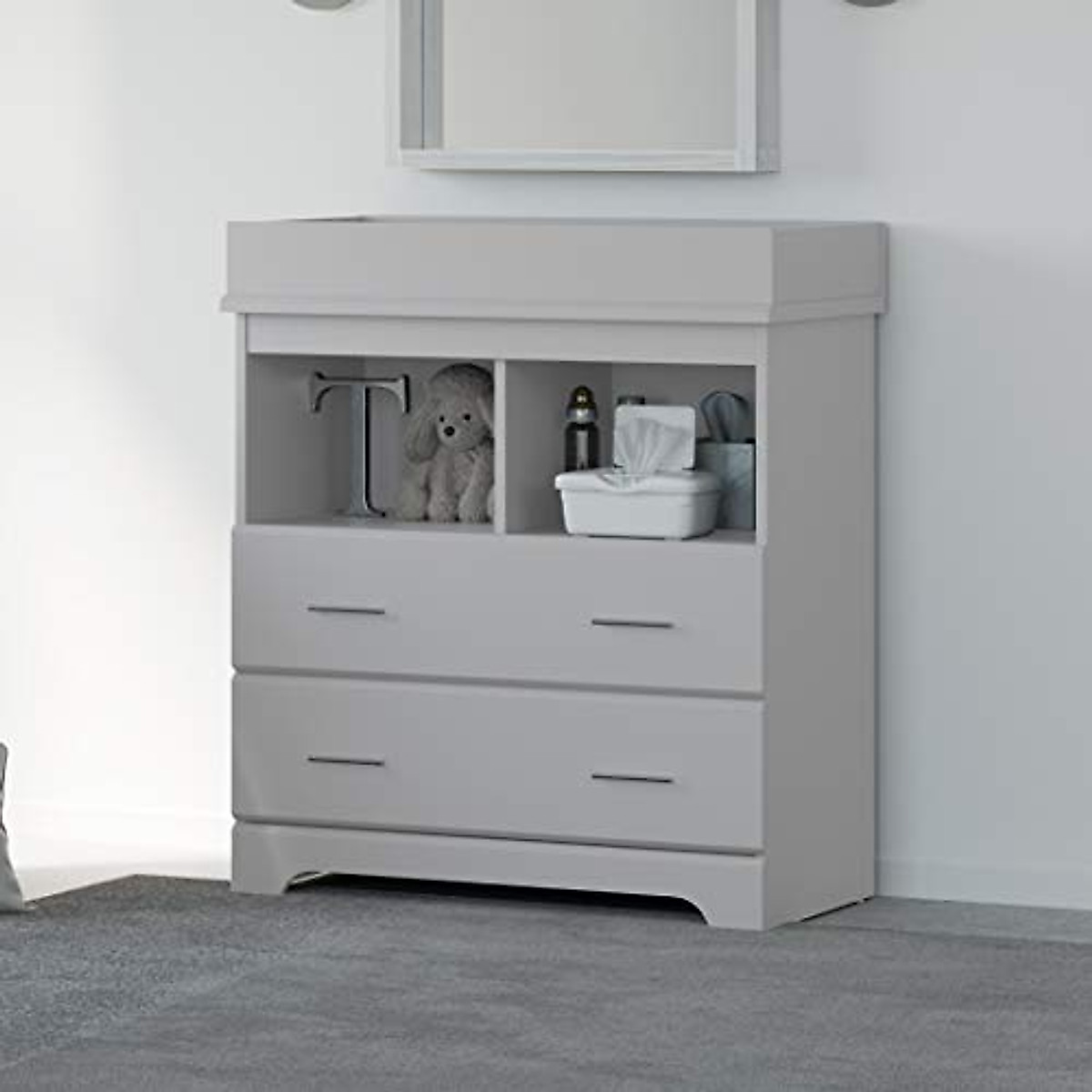 Storkcraft Brookside 2 Drawer Changing Table Dresser (Pebble Gray) – Nursery Dresser Organizer with Changing Table Topper, Chest of Drawers for Bedroom with 2 Drawers, Universal Design
