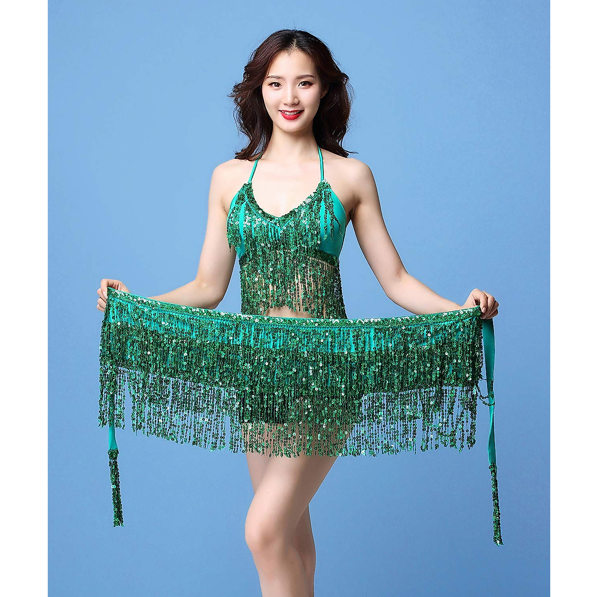 ORIDOOR Women's Latin Belly Dance Costume Padded Bra Top & Hip Scarf with Sequin Fringe Halloween Dance Outfit Green,One Size