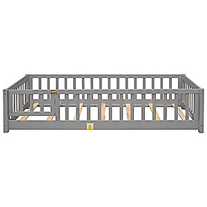 Twin Size Floor Platform Bed with Fence, Wooden Playpen Bed for Kids, Kids Fence Bed with Door, No Box Spring Needed (Grey)
