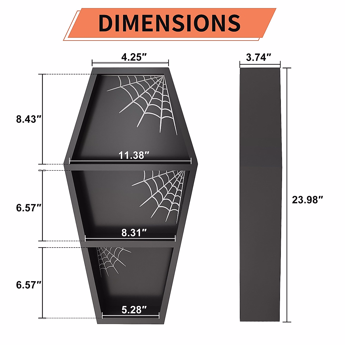 Beskadi Goth Coffin bookshelf 24 inches with Spider Web, Wooden Tall Coffin Shelf Stand Gothic Decor, Crystal Shelf for Display, Black Spooky Curio Shelf for Home Decor, Witchy Room Decor for Oddities