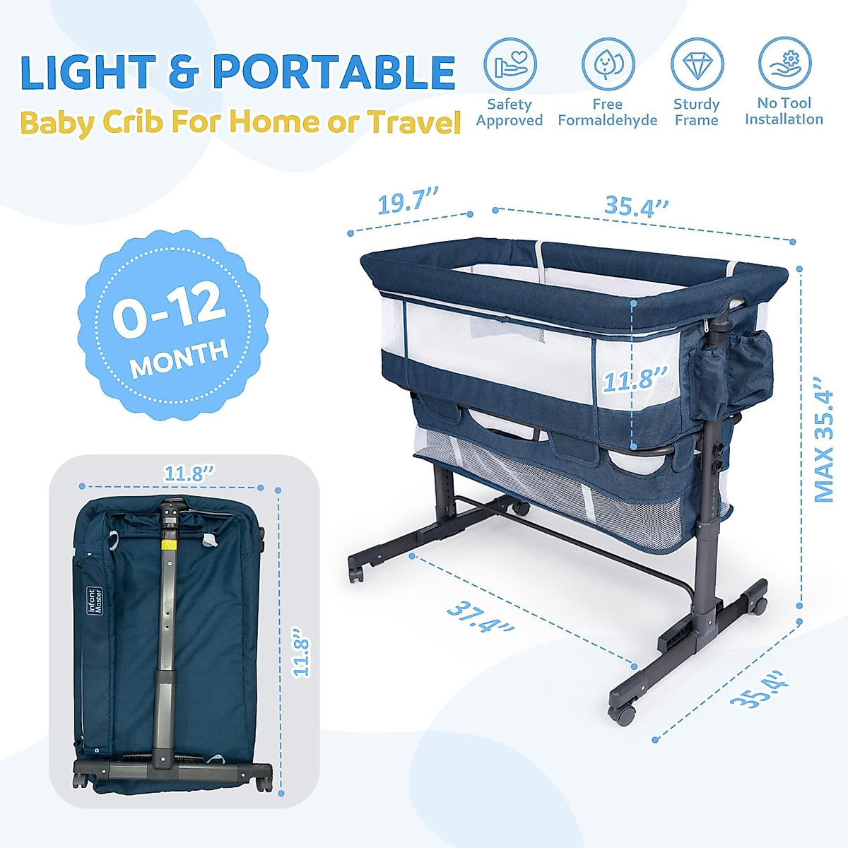 3 in 1 Baby Bassinet, Upgraded Beside Crib with 360° Highly Visible Mesh wall, Comfy Co-sleeper Bassinet with mattress, 5 Level Adjustable Height, Foldable & Portable BabyTravel Crib for Newborn, Blue