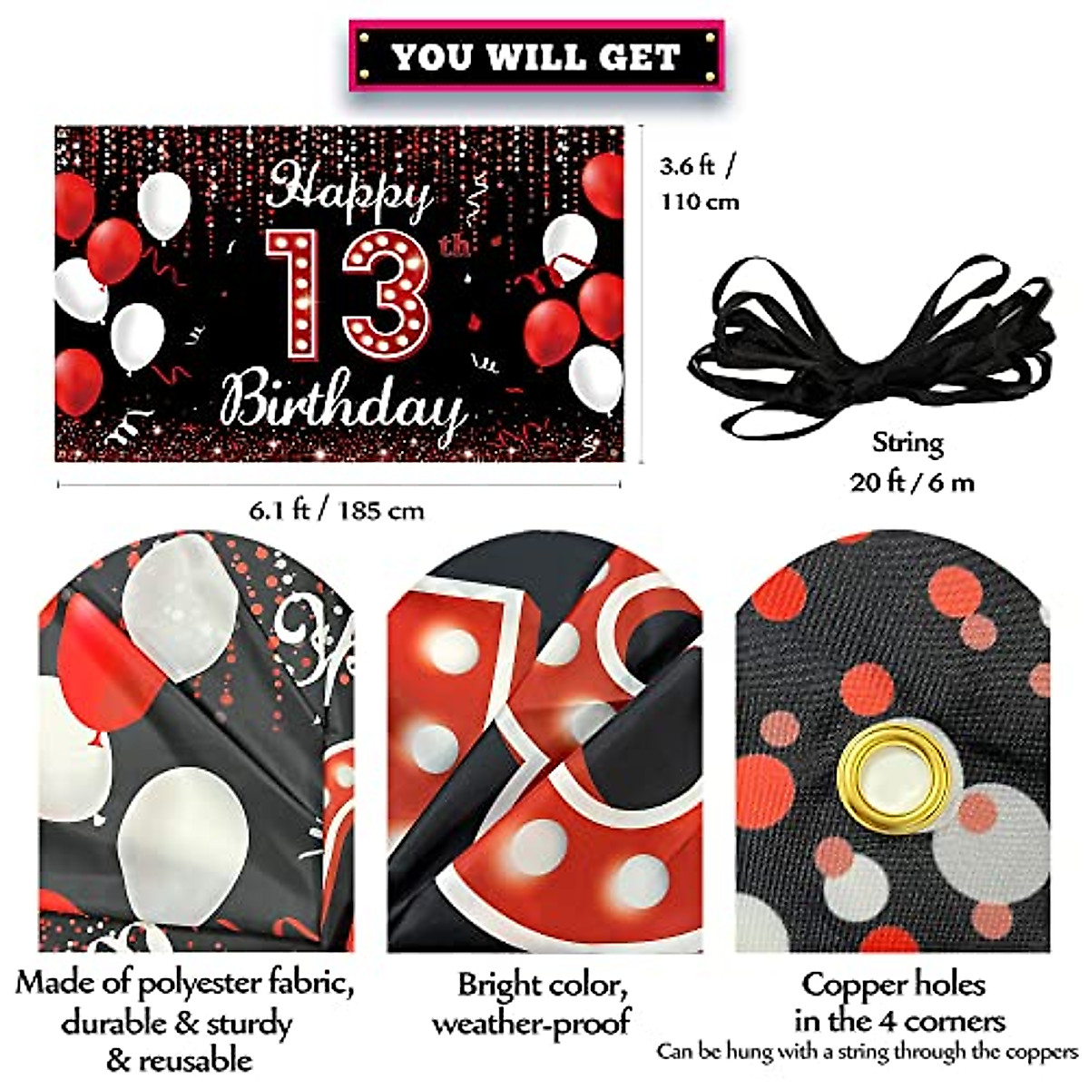 13th Birthday Backdrop Banner, Happy 13th Birthday Decorations for Girls, Red Black 13 Years Old Birthday Party Photo Booth Props, Thirteen Birthday Yard Sign Decor for Outdoor Indoor, Fabric Vicycaty