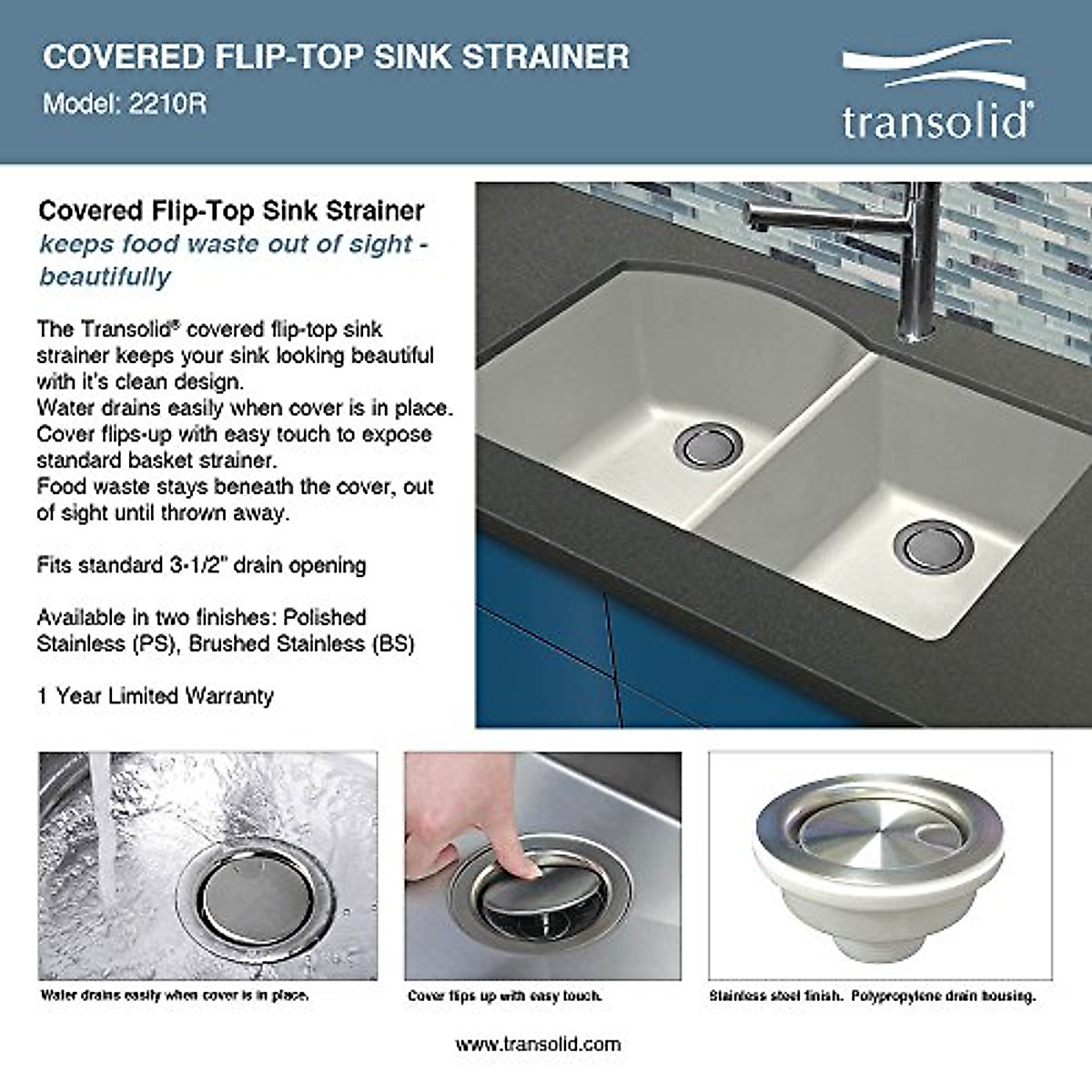 Transolid K-MTSO25229-3 Meridian 3-Hole Drop-in Single Bowl 16-Gauge Stainless Steel Kitchen Sink Kit, 25-in x 22-in x 9-in, Brushed Finish