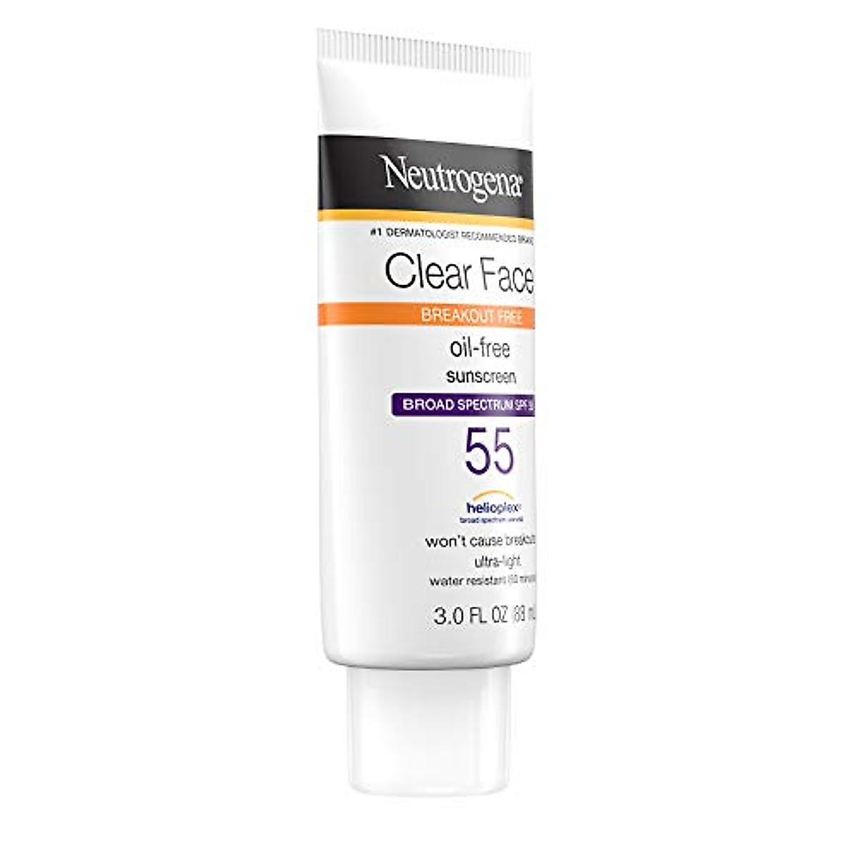 Neutrogena Clear Face Liquid Lotion Sunscreen for Acne-Prone Skin, Broad Spectrum SPF 55 with Helioplex Technology, Oil-Free, Fragrance-Free & Non-Comedogenic Facial Sunscreen, 3 fl. oz