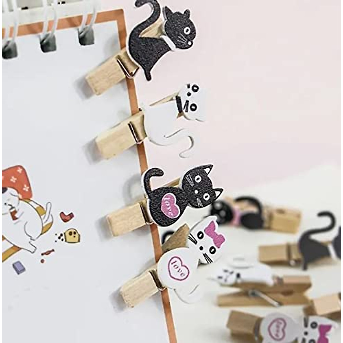 10Pcs Cute Cat Paper Clips! Cat Animal Shaped Wooden Memo Clips Bookmark with Hemp Rope! Fun Office Supplies Gifts for Women Men Teachers! (Cat)