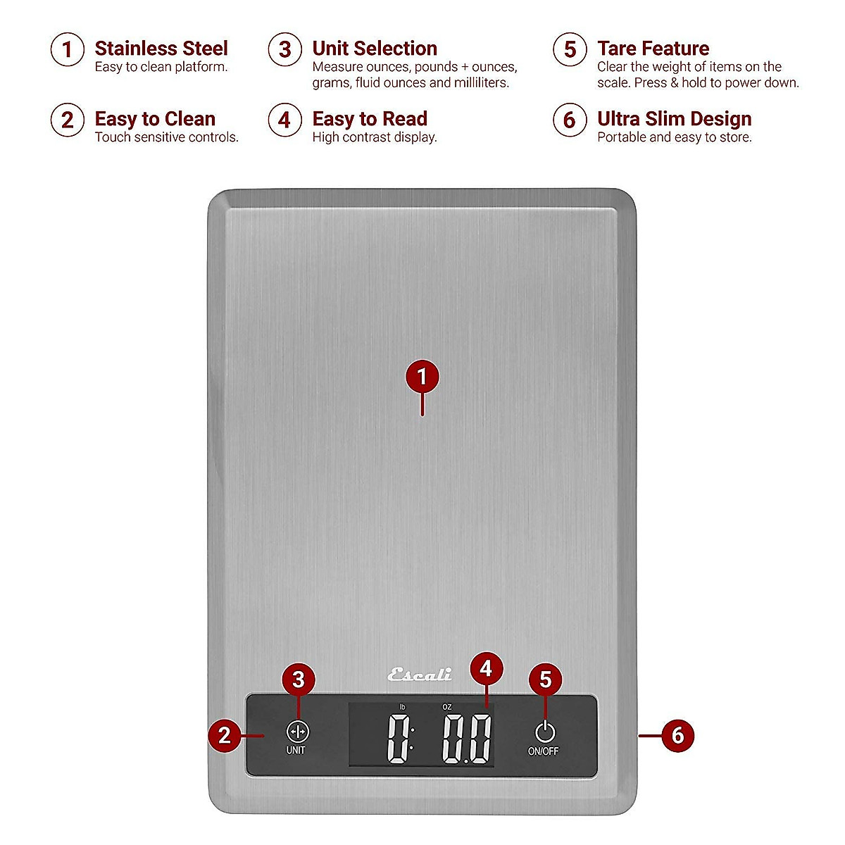 Escali T115S Ultra Thin Kitchen, Office, Herb Scale, Tare Functionality, LCD Digital Display, 11lb Capacity, Silver