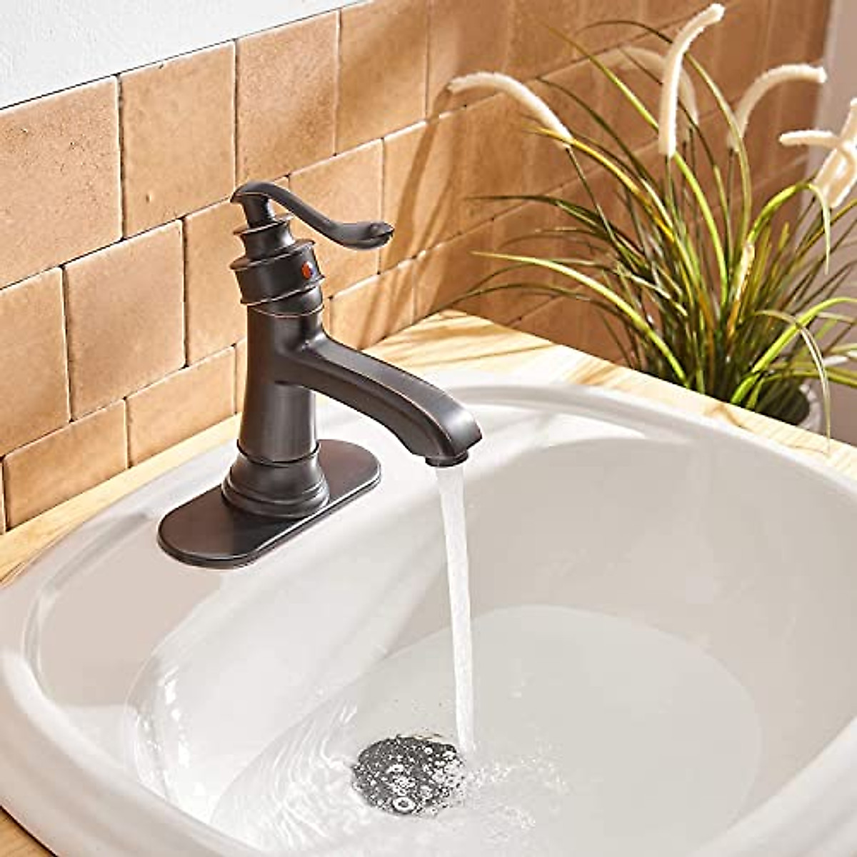 Bathfinesse Oil Rubbed Bronze Bathroom Faucet Single Handle Single Hole Farmhouse Stream Bathroom Sink Faucets & Parts with Pop Up Drain Assembly Vanity Supply Hose Lead-Free