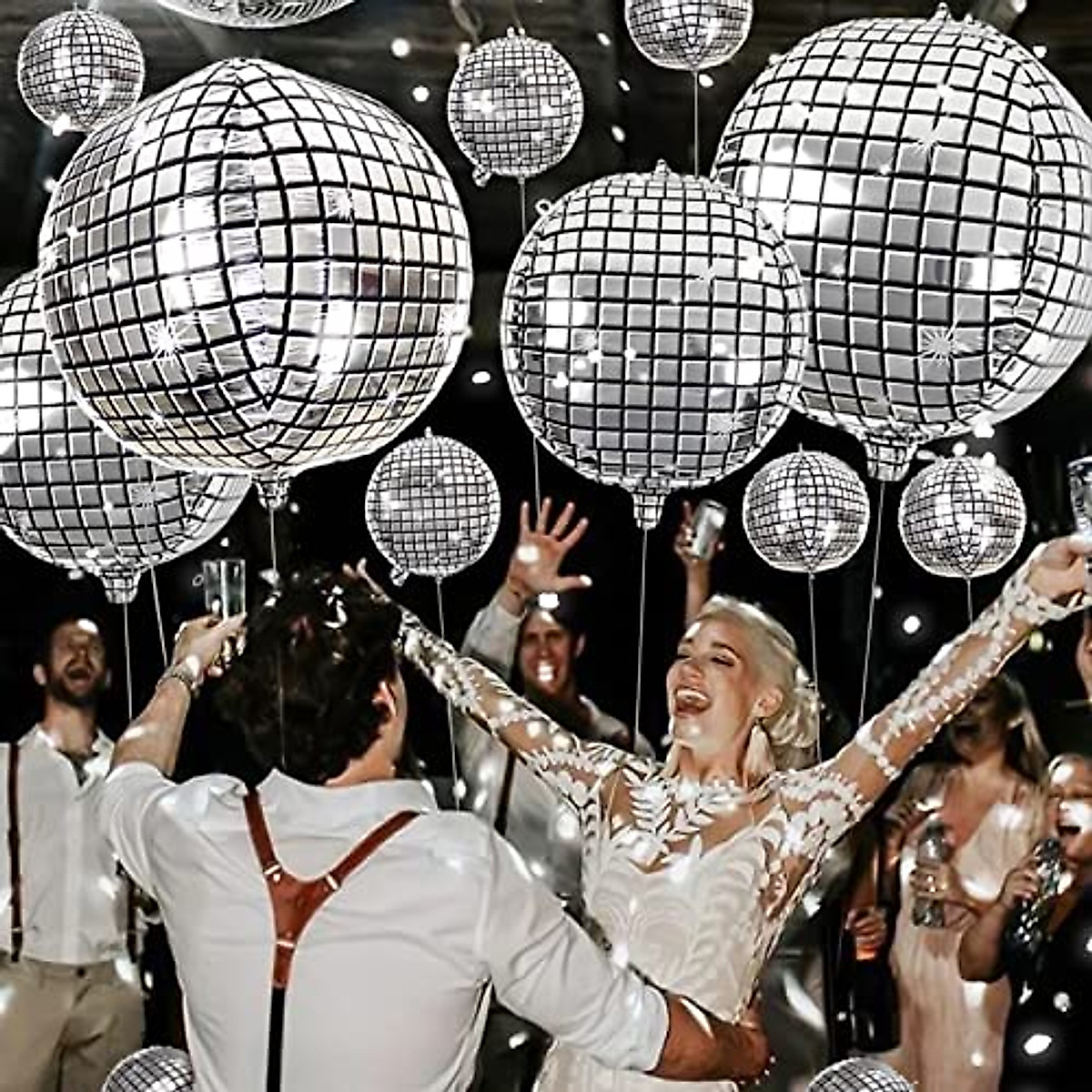 20Pcs Disco Ball Balloons Different Sizes- 4D Large Disco Balloons 32” 22” 10 Inch Assorted Round Metallic Silver Disco Mylar Balloons for 70s 80s Disco Themed Birthday New Year's Party Decor Supplies