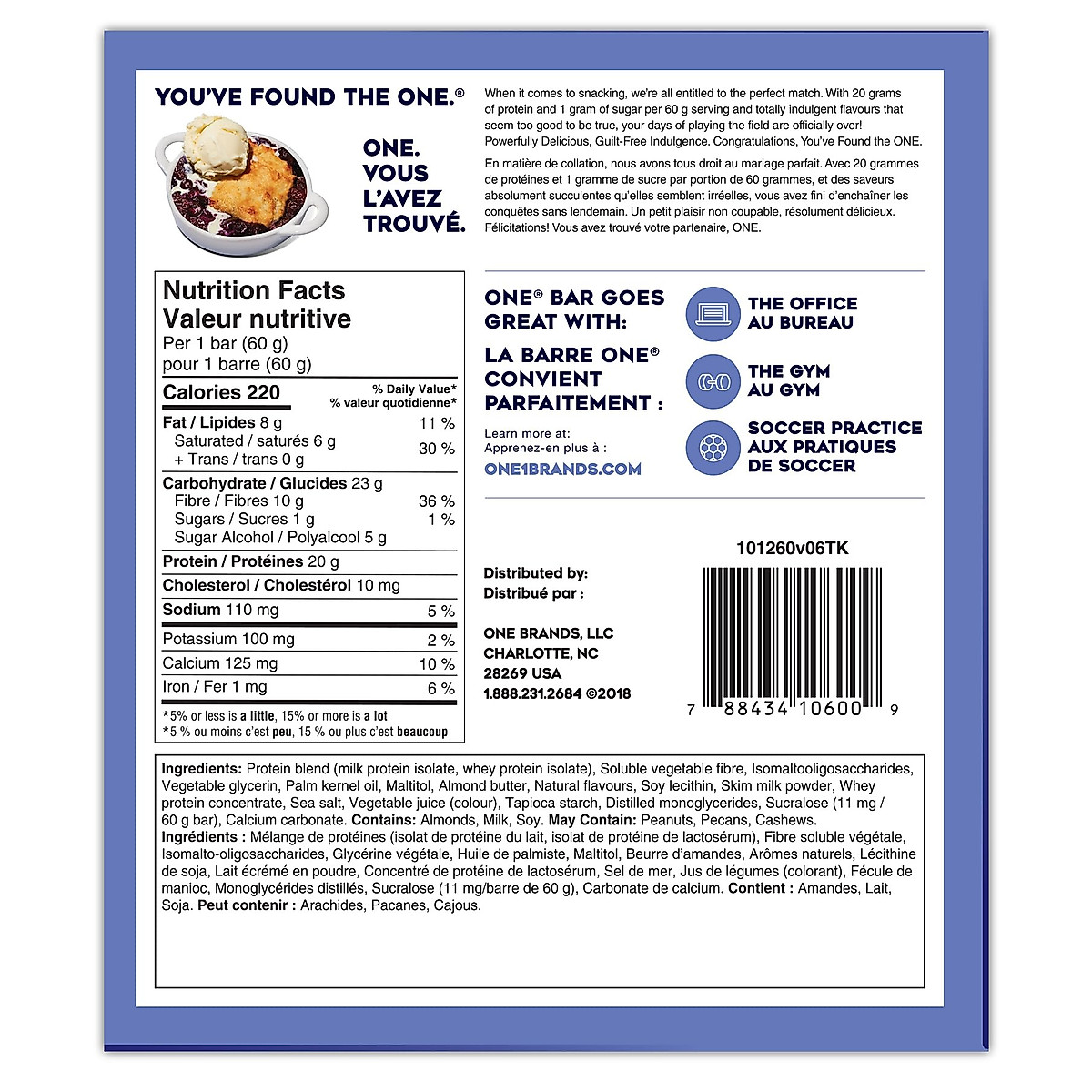 ONE Protein Bars, Blueberry Cobbler, Gluten Free Protein Bars with 20g Protein and 1g Sugar, Pantry Staples, 2.12oz (12 Count)