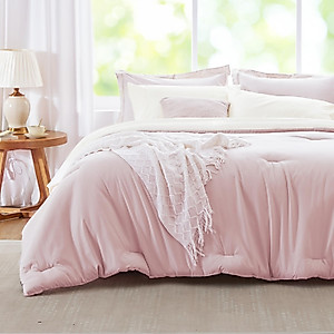 Kozyhvn Twin Bedding Sets for Girls, Pink and White Comforter Bedding Set Reversible, 5 Pieces Soft Bed in a Bag Twin XL with Comforter, Sheets, Pillowcase & Sham, All Seasons Boho Twin XL Bed Set