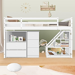 TURRIDU Low Loft Bed with Pullable Storage Staircase and 2 Cabinet, Wooden Stairway Loft Bed with Drawers and Shelves, Twin Size Bed Frame for Girls, Boys, Teens, No Box Spring Needed
