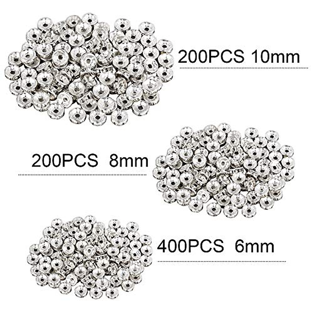 800 Pieces Round Rondelle Spacer Beads Crystal Rhinestone Loose Bead Rondelle Charm Beads 6 mm 8 mm 10 mm for Necklaces Bracelets Jewelry Making (Silver)