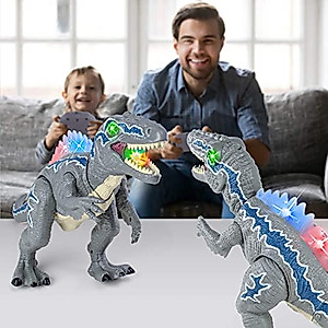 WESPREX Remote Control Walking Dinosaur T-Rex with Water Mist Spray, LED Light Up Eyes & Back, Roaring Sound, Realistic Tyrannosaurus, Toy for Boys Kids Girls Ages 3 4 5 6 7 Year Old - Blue