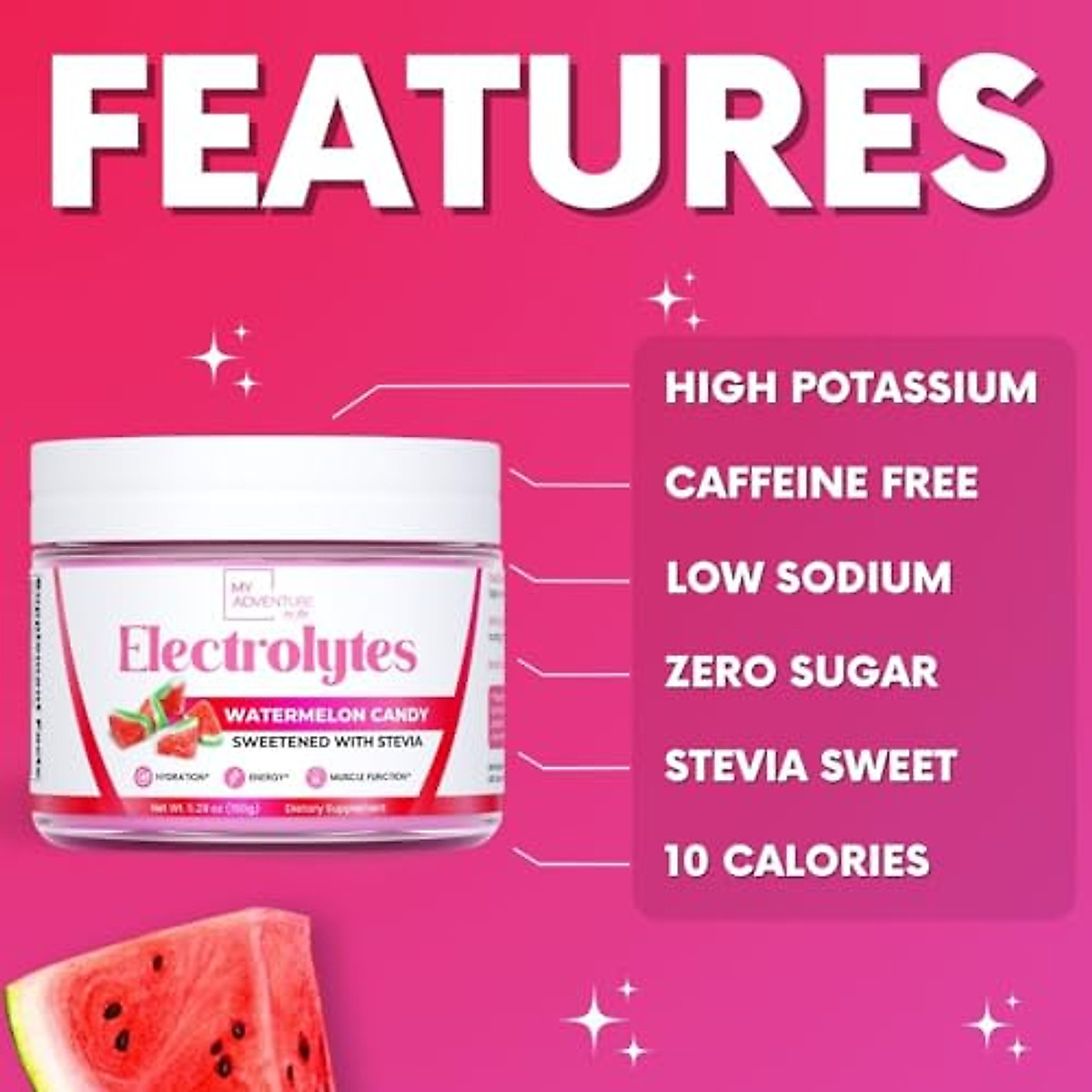 Zero Sugar - Watermelon Candy Electrolytes Powder - Refreshing Hydration - Caffeine Free Energy with All Natural Ingredients - Vegan, Keto and Paleo - Sugar Free Electrolytes Drink Mix - 30 Servings