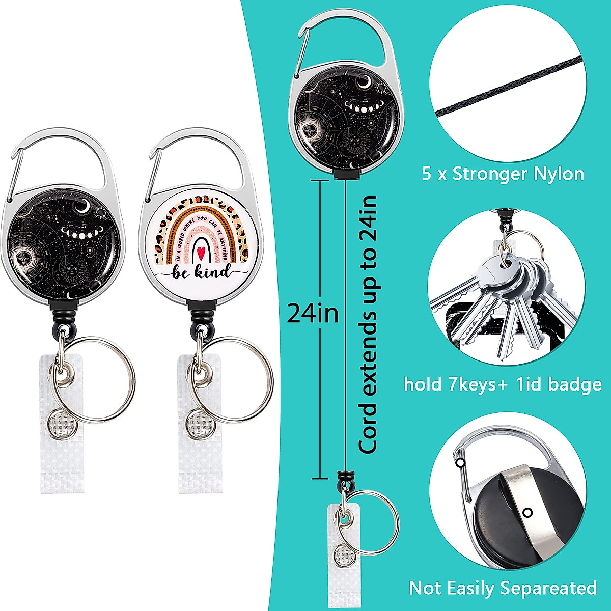 2 Pcs ID Badge Holder with Lanyard Retractable Heavy Duty Badge Reel Clip Cute Work Badge Holder for Women Nurse Teacher Detachable Key Lanyard Key Card Nametag Holder Rainbow and Moon Lanyard