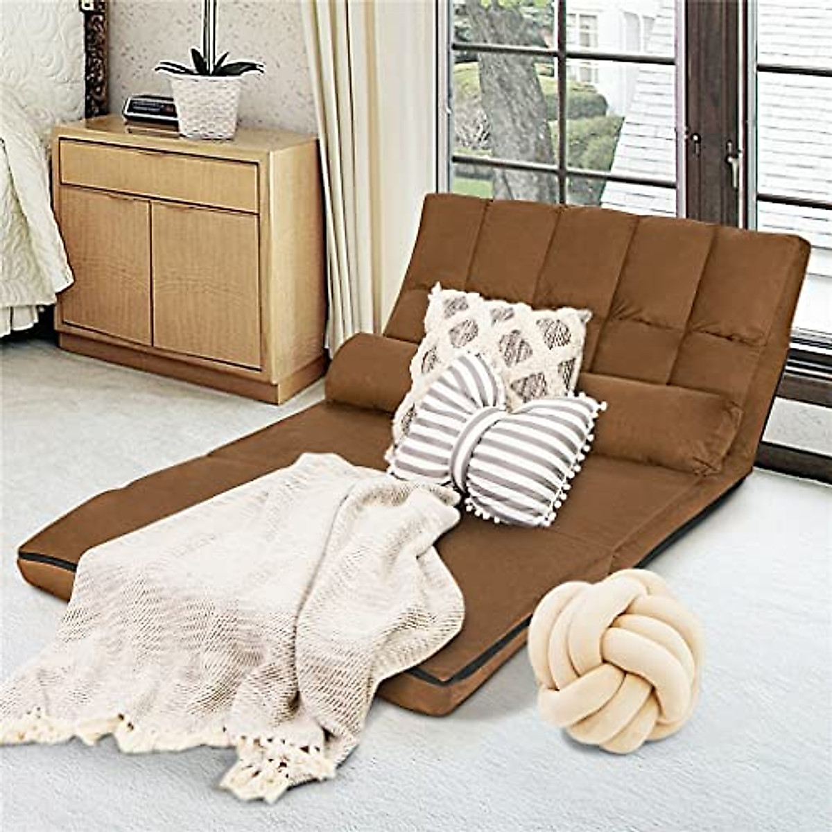 Walnut Foldable Floor Sofa Bed 6-Position Adjustable Couch with/ 2 Pillows Brown Adjustable Floor Sofa