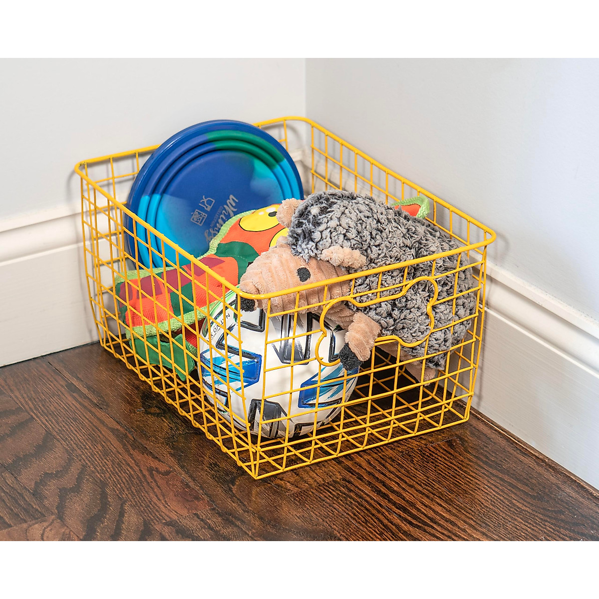 Red Co. 13” x 9.5” Rectangular Metal Wire Dog Toy Storage Basket with Handles, Yellow