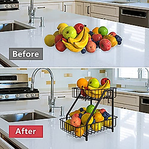 MaraFansie 2-Tier Fruit Basket Countertop Fruit Bowl Bread Basket Vegetable Holder Storage Stand, Black