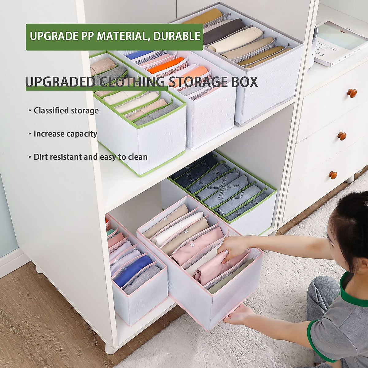 STAPO Wardrobe Clothes Organizer (2pcs), Foldable Grid Storage Box with Multiple Layers, Portable Washable Containers for Underwear, Socks, Scarves, Skirts, T-shirts, Jeans(Pink, Sturdy PP Board)