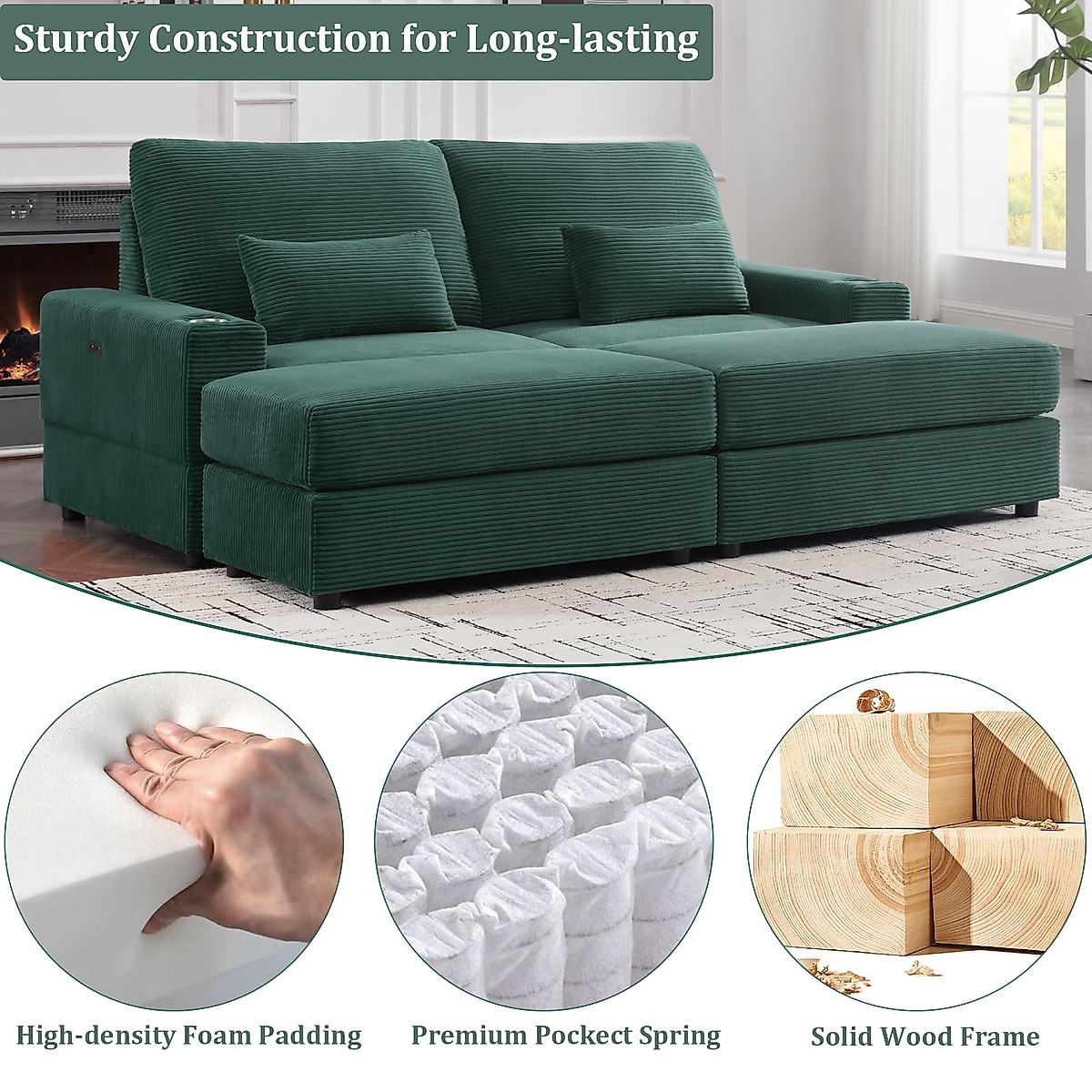 KIVENJAJA 82.7” Corduroy Sectional Couch, Double Chaise Lounge Sofa, Deep Seat Oversized Loveseat with Ottomans, Cup Holder & USB Port for Living Room Apartment Small Space, Green