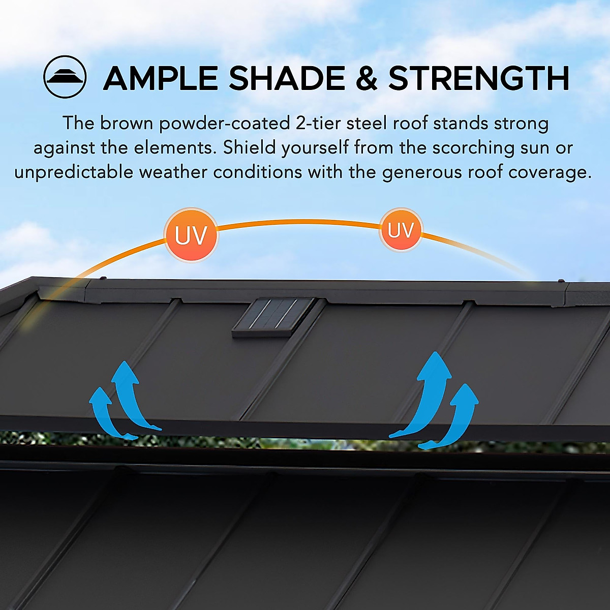 Sunjoy Wooden Grill Gazebo, 8 x 12 ft. Steel Hardtop Gazebo with Solar Power for Year-Round Grilling - 2 Full Size Grills, Griddles or Smokers - Outdoor Cooking Shelter for Backyard BBQs Party, Brown