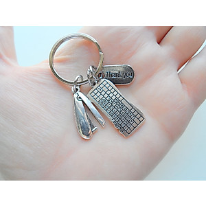 Computer Keyboard Charm Keychain with Stapler Charm & Thank You Charm; Secretary, Receptionist, Office Staff, or Employee Keychain