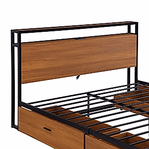Banemi Queen Bed Frame with Drawers, Queen Size Platform Bed Frame Black Metal Bed Frame with Four Drawers Sockets and USB Ports Slat Support
