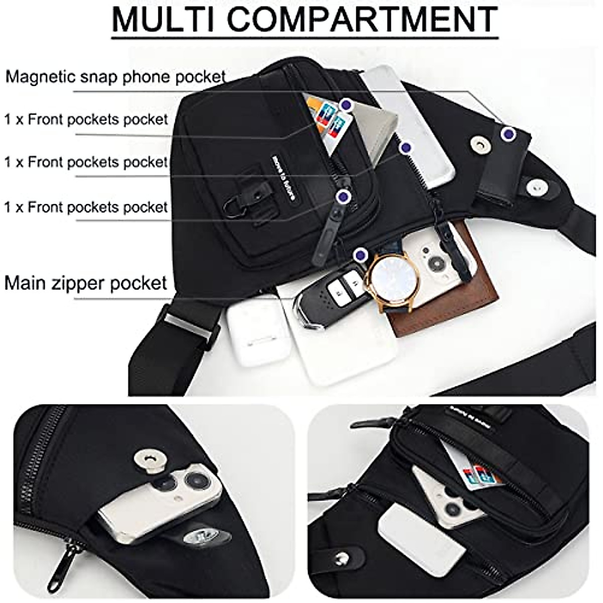 Qidelong Sling Bag Anti-theft Crossbody Chest Shoulder Backpack Women Men, Lightweight Personal Pocket Bag for Hiking Travel (Black)