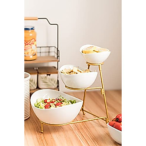 LAUCHUH 3 Tier Serving Stand Chip and Dip Serving Set Pocerlain Oval Bowl Set with Stand White Serving Bowl for Entertaining Tiered Tray Decor for Halloween Countertop Gold