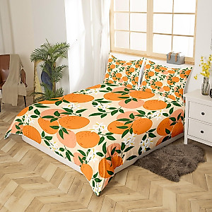 Feelyou Cartoon Orange Duvet Cover Set Fresh Oranges Bedding Set for Kids Boys Girls Cartoon Citrus Fruit Comforter Cover Fruit Style Quilt Cover Bedroom Collection 3Pcs Queen Size