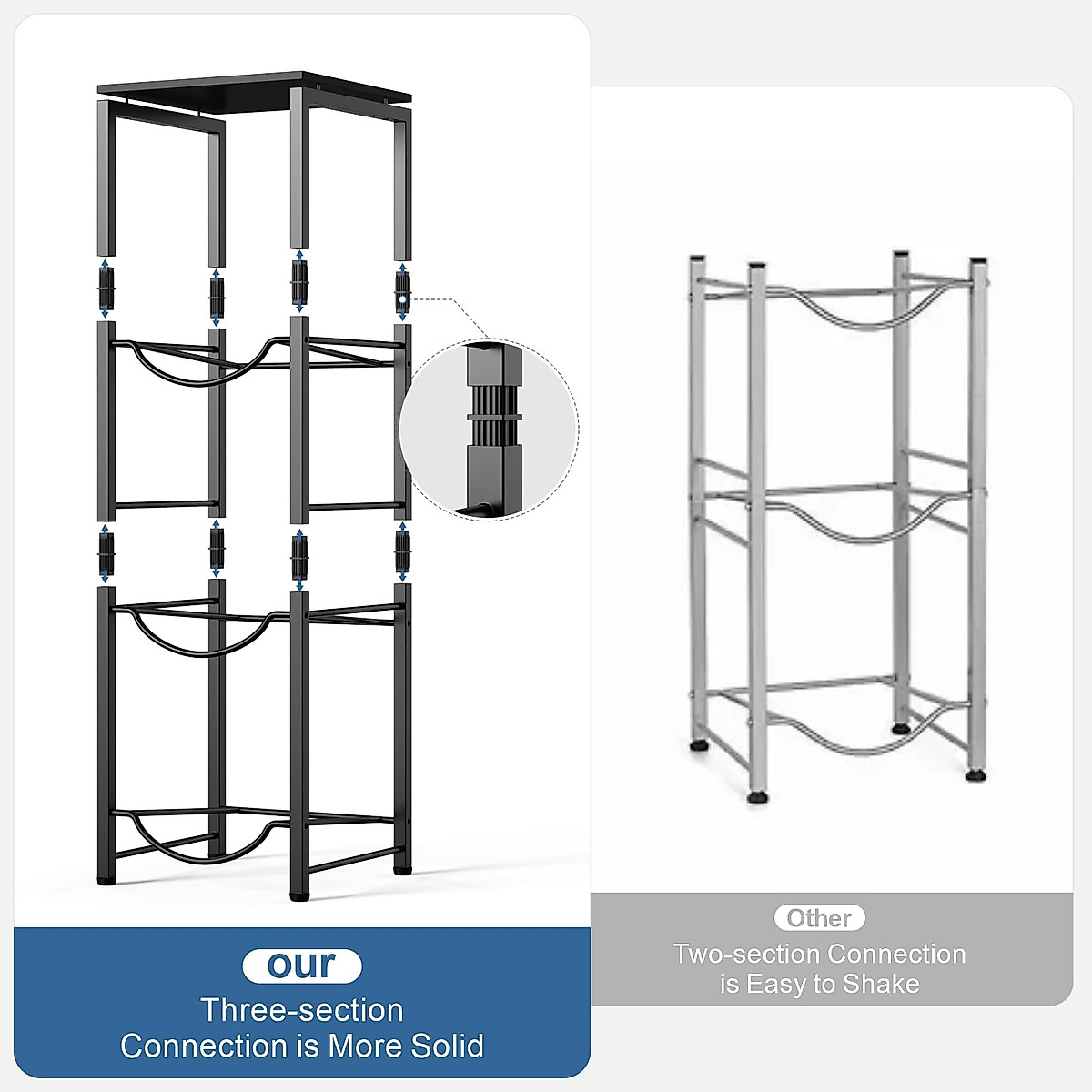 DIRZA 5 Gallon Water Jug Holder with Top Shelf, 3 Tier Water Bottle Holder,Heavy Duty Water Storage Rack for Water Cooler Jug,Water Jug Stand Organizer for Home Kitchen Office Brilliant Black