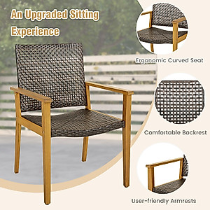 Tangkula Patio Dining Chairs Set of 4, Outdoor Acacia Wood & PE Wicker Chairs with Armrests, Outdoor Rattan Armchairs for Garden, Backyard, Poolside, Balcony (Mix Brown)