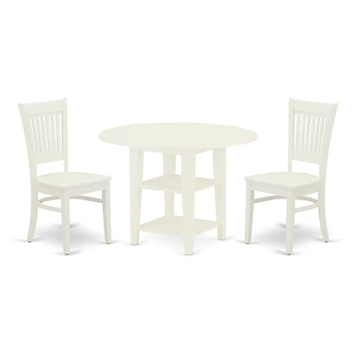 East West Furniture SUVA3-LWH-W 3 Piece Dining Table Set for Small Spaces Contains a Round Dining Room Table with Dropleaf & Shelves and 2 Wood Seat Chairs, 42x42 Inch, Linen White