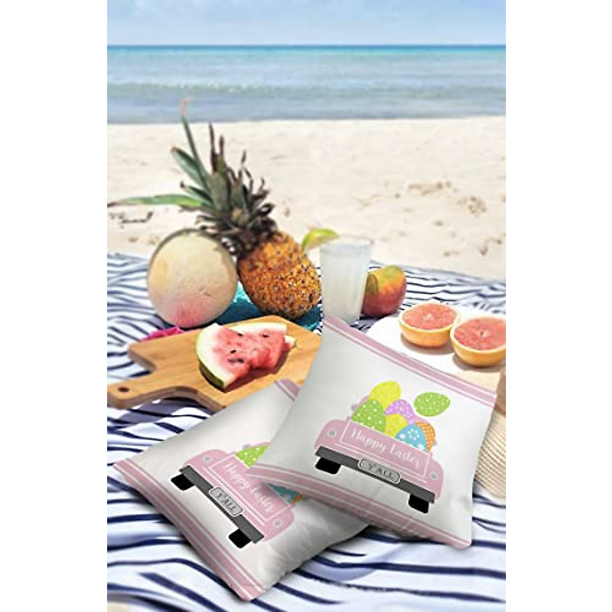 Outdoor Pillow Covers 24x24inch Spring Happy Easter Colorful Eggs Truck Waterproof Decorative Patio Garden Cushion Cover Pink Stripes Throw Pillow Case Set of 2 for Sofa Furniture Decoration