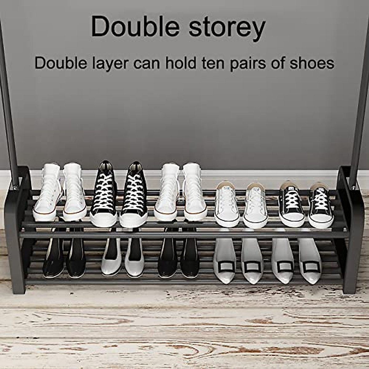 ZBYL Clothes Rack Garment Rack Rail, Metal Double Layer Clothing Closet Rack Hanger Stand with Shelves, Portable Clothing Coat Organizer Rack with Bottom Rack, 110×148cm