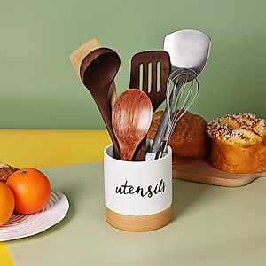 LEETOYI Ceramic Utensil Holder, Utensil Crock for Kitchen Counter, Farmhouse Kitchen Decor, Countertop Utensil Storage Caddy Organizer, Easy to Clean 4.5 inch, White