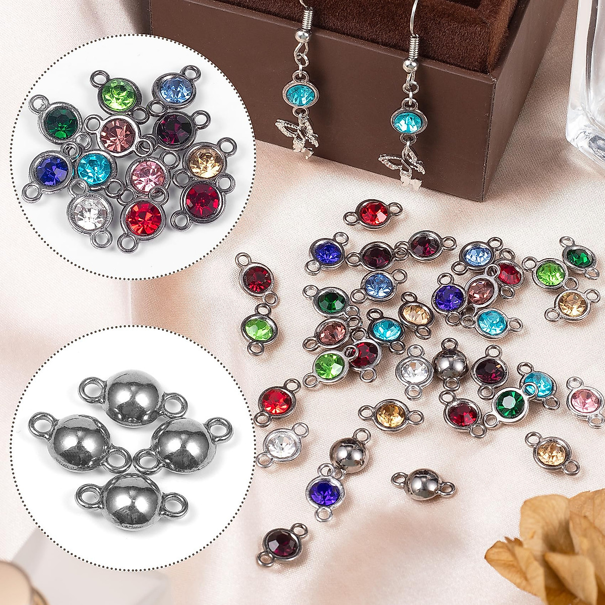 Joez Wonderful 36Pcs Permanent Jewelry Supplies, 12 Mixed Color Double Loops Rhinestone Connector Charm for Earring Necklace Bracelet Keychain Craft Accessories Jewelry Making (12mm)