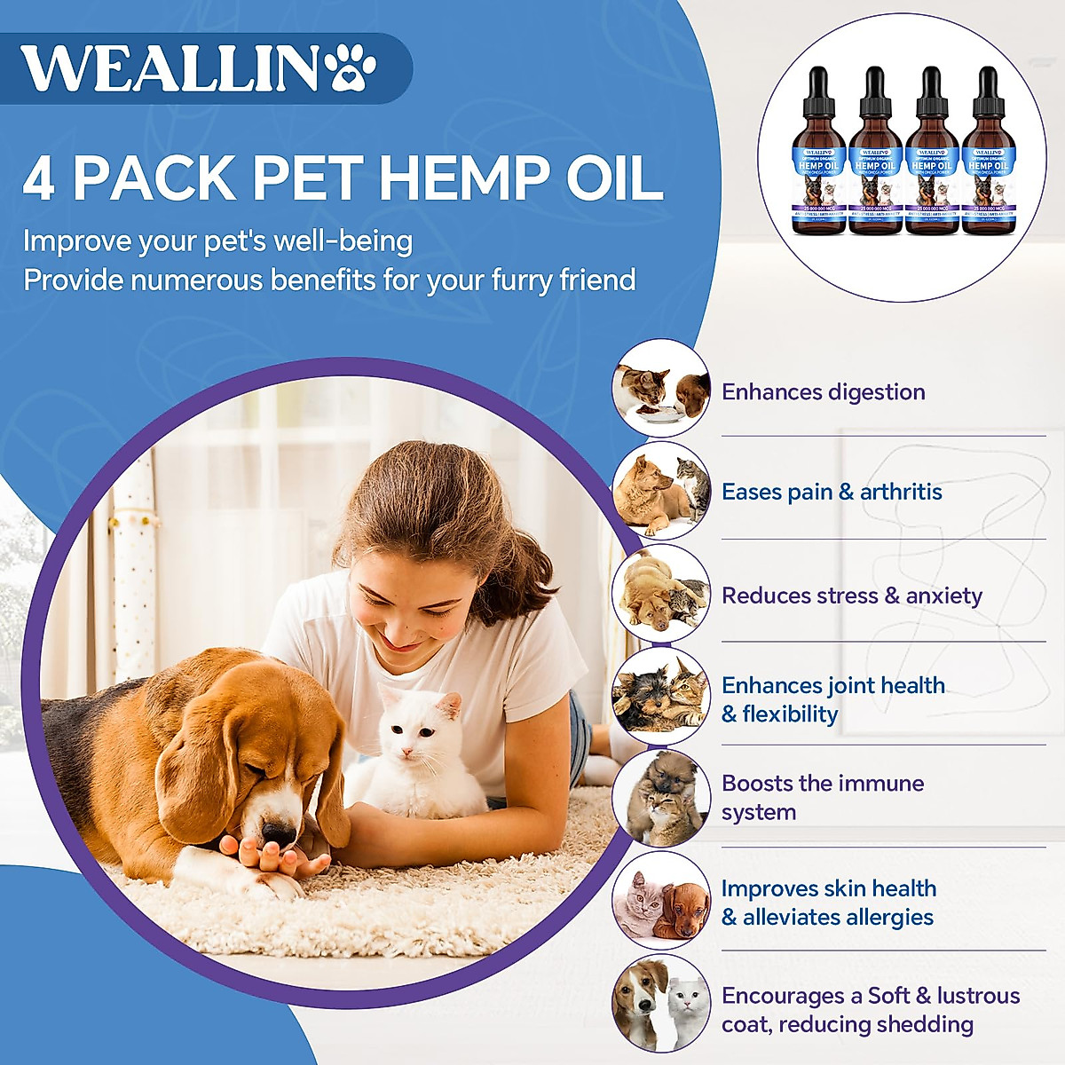 WEALLIN Hemp Oil for Dogs and Cats - Omega-3, 6, 9 Rich Organic Extract - Eases Pet Anxiety, Pain, Skin & Coat Health - Stress Relief, Hip & Joint Support - Calming Treats (4 Pack)