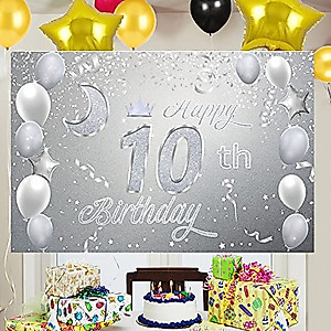 Sweet Happy 10th Birthday Backdrop Banner Poster 10 Birthday Party Decorations 10th Birthday Party Supplies 10th Photo Background for Girls,Boys,Women,Men - Silver 72.8 x 43.3 Inch