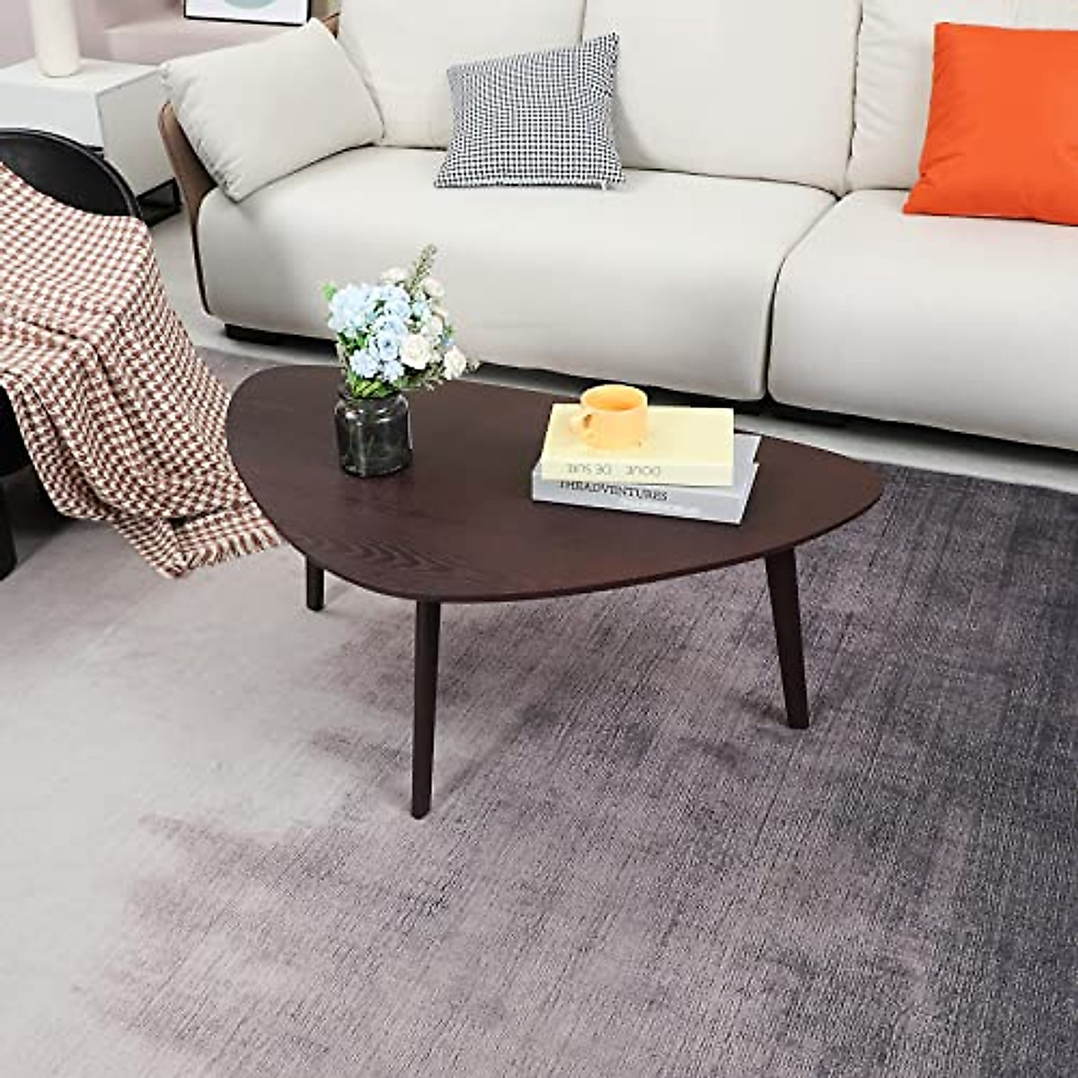 Small Coffee Table Modern Mid Century Coffee Tables Wooden Vintage Oval Chic for Living Room,Natural Wood Texture,Unique Triangle Tabletop,Oak Leg,Easy Assembly