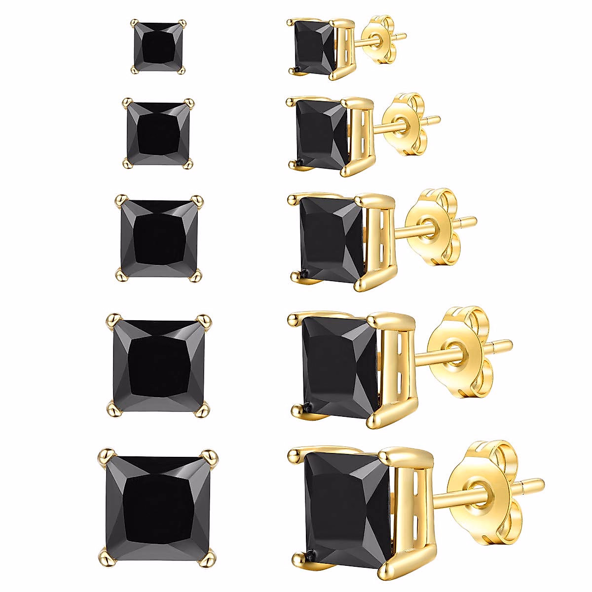 FOSIR Womens Mens 18K Yellow Gold Plated Black Square Clear Cubic Zirconia Stud Earrings(5 Pairs, 3-7mm CZ)