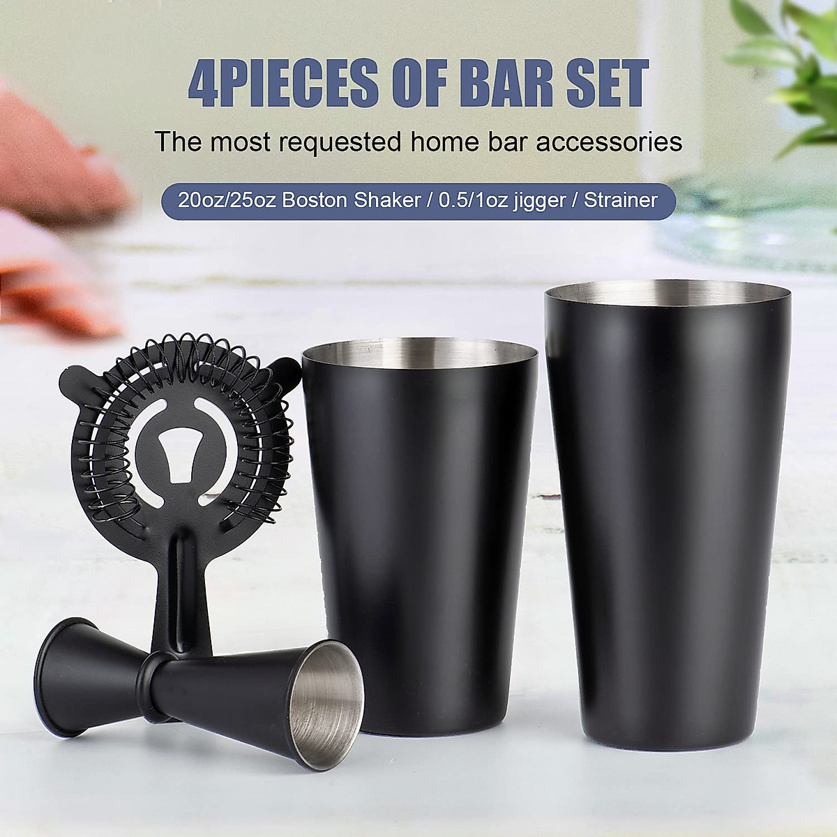 JNWINOG Cocktail Shaker Set 4-Piece Boston Shaker Kit with 20oz/25oz Shaker,Strainerand 0.5/1oz Double JiggerBar Set for Home Drink Mixer Bartendiing (Matte Black, 20oz/25oz)