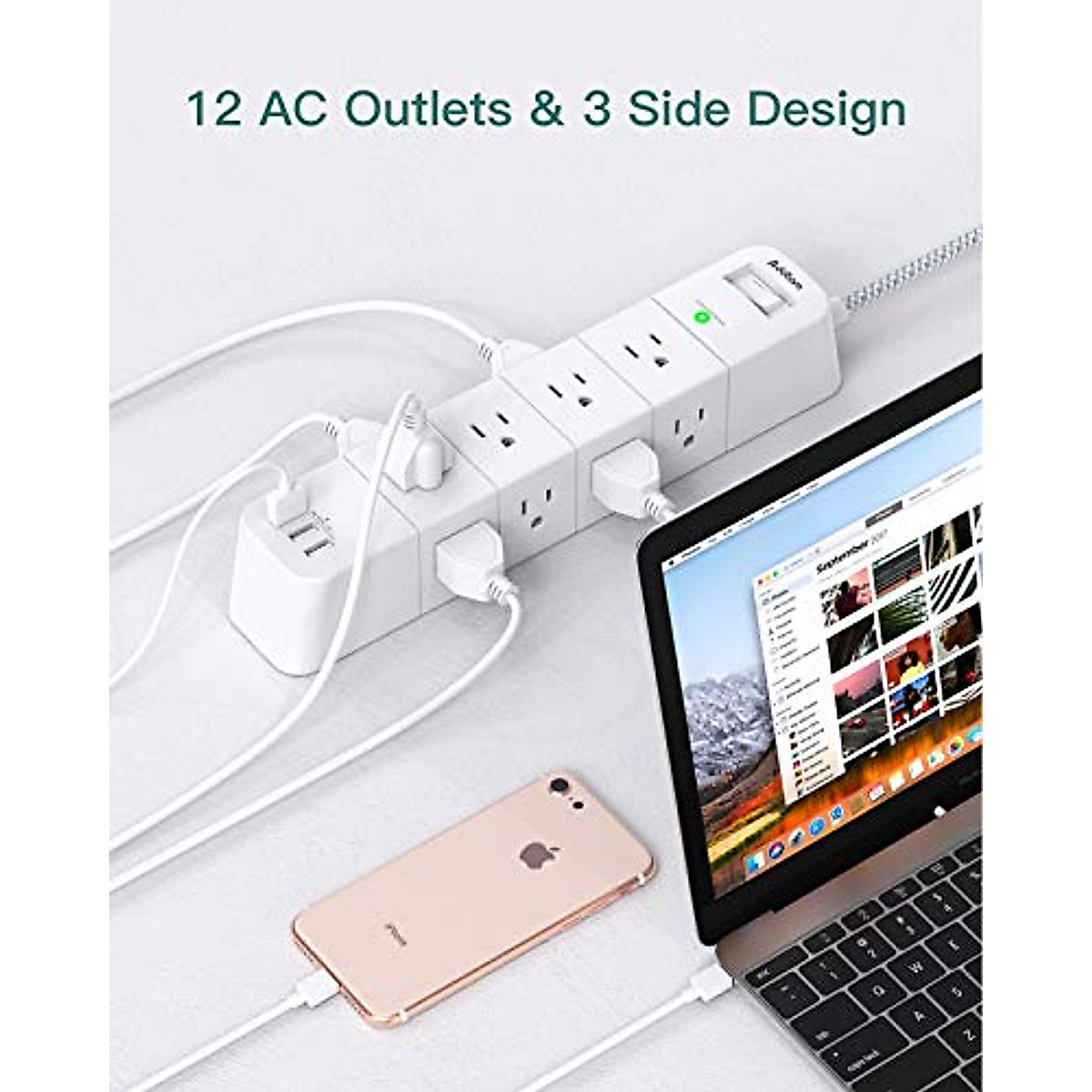 Surge Protector Power Strip - Addtam 10 Ft Long Extension Cord with 12 Outlets(3-Side) and 3 USB Ports, Flat Plug Overload Surge Protection Outlet Strip, Wall Mountable for Home, Office and Dorm
