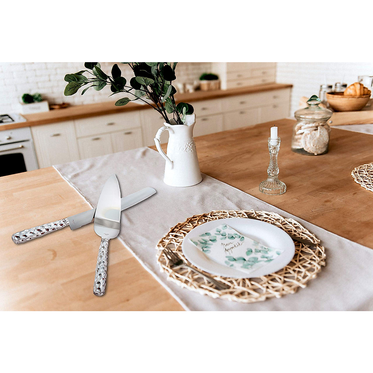 FASHIONCRAFT Hammered Design Handle Cake Knife and Server Set – Wedding Favor, One Size, Stainless Steel Blades with Shiny Silver Handles