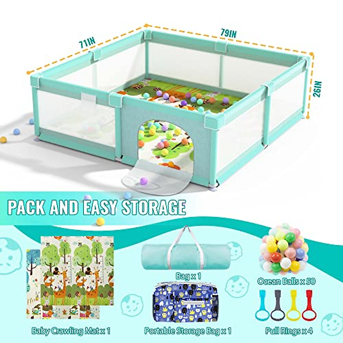 LUTIKIANG Baby Playpen, 79" X 71" Extra Large Playpen for Babies and Toddlers with Gates, Baby Play Yards, Baby Fence Play Area, Safety Indoor Baby Play Area with Ocean Balls (Grey)