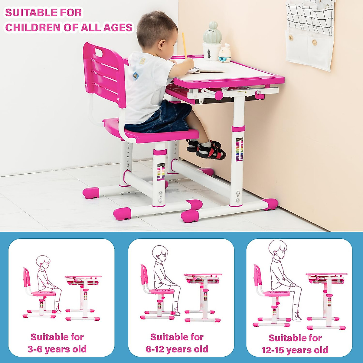 Ruesleag Kids Desk Chair Set,Children’s Study Desk Multi-Func Height Adjustable Desk and Chair School Writing Computer Table w/Pull Out Drawer Storage 45°Tilted Desktop for School Home Boys&Girls,Pink