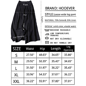 Hooever Women's Cotton Linen Culottes Pants Elastic Waist Wide Leg Palazzo Trousers Capri Pant (Black-XL)