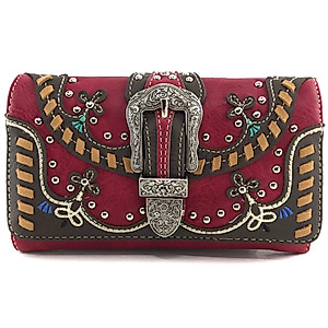 Zelris Western Moccasin Flower Buckle Women Crossbody Wrist Trifold Wallet (Rose Red)