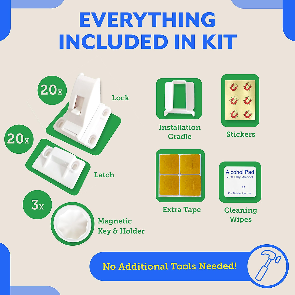 Eco-Baby Cabinet Locks for Babies - 20-Pack Magnetic Baby Proof Safety Latches﻿, 3 Keys - Magnetic Child Proof Cupboard Drawers, Doors - Easy Installation No Drilling or Tools Required